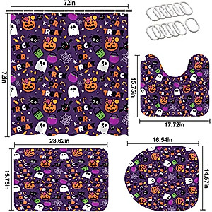 4PC Purple Halloween Bathroom Shower Curtain Sets, Pumpkin Ghost bat Bathroom Sets, Sweet Candy Bathroom Sets with Rugs and Accessories ,for Bathroom Decoration