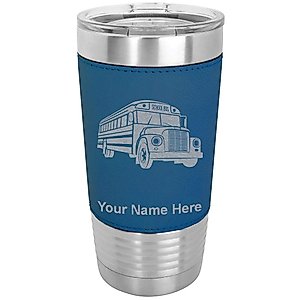 LaserGram 20oz Vacuum Insulated Tumbler Mug, School Bus, Personalized Engraving Included (Faux Leather, Blue)