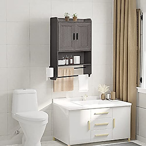 Liampoo Wood Bathroom Wall Cabinet, Medicine Cabinet Organizer with Doors and Adjustable Shelves, Over The Toilet Storage Cabinet with Towel Bar, Multipurpose Storage Cabinet for Bathroom, Living Room