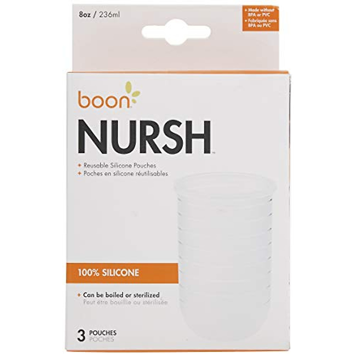 Boon, NURSH Reusable Silicone Replacement Pouch, Air-Free Feeding, 3 Months and up, 8 Ounce (Pack of 3)