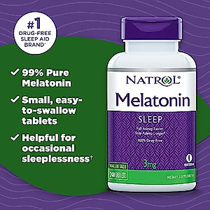 Natrol Melatonin Tablets, Helps You Fall Asleep Faster, Stay Asleep Longer, Strengthen Immune System, 100% Vegetarian, 3mg, 240 Count