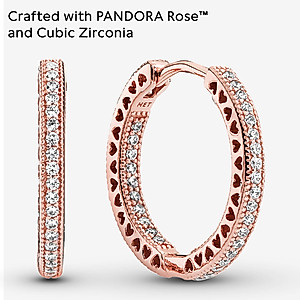 PANDORA Sparkle and Hearts Hoop Earrings - Timeless, Classic Jewelry - Gift for Her - 14k Rose Gold & Cubic Zirconia - 2.5 mm