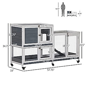 PawHut Wooden Rabbit Hutch Bunny Hutch Elevated Pet House Cage Small Animal Habitat with No Leak Tray Lockable Door Openable Top for Indoor 57.75" x 18" x 32.5" Grey