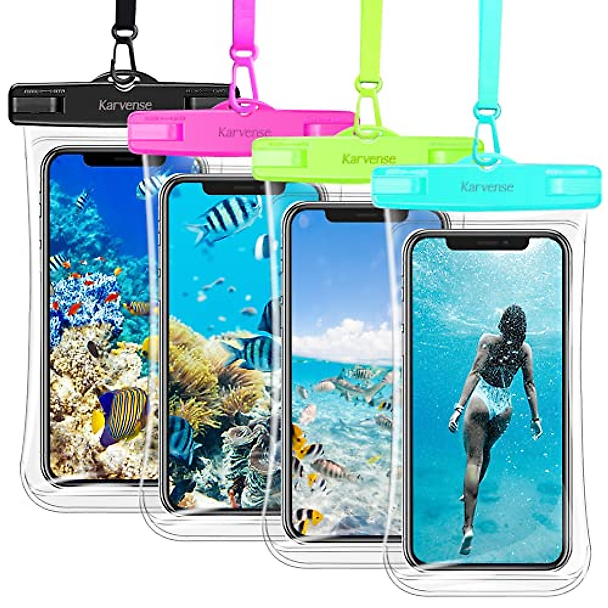 Karvense Waterproof Phone Pouch Case, 4 Pack Waterproof Cell Phone Holder/Bag for iPhone, Samsung Galaxy,Pixel, Moto, Universal Dry Bag for Vocation, Beach, Pool, Shower, Rafting, Kayaking, Snorkeling