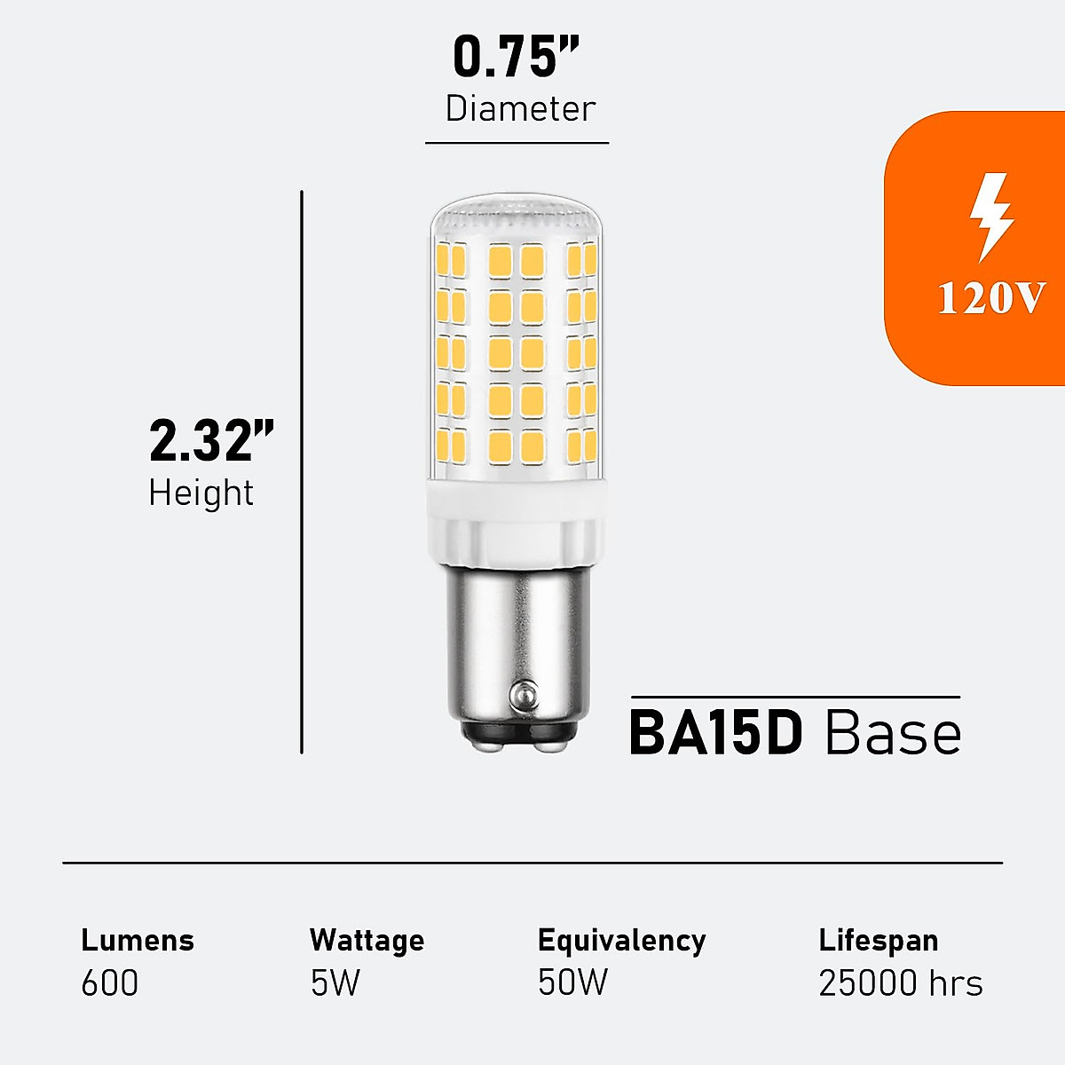 Maelsrlg BA15D LED Bulb, 50W Equivalent, 120 Volt, Soft White 2700K, Dimmable, Double Contact Bayonet Base, 5W 600 Lumen, 5-Pack