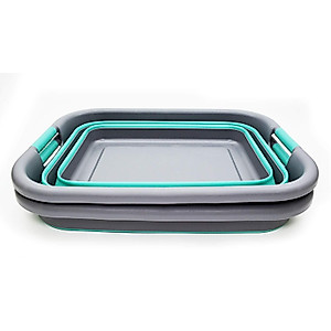 SAMMART 41L Set of 2 Collapsible Plastic Laundry Basket - Foldable Pop Up Storage Container/Organizer - Portable Washing Tub - Space Saving Hamper/Basket (2, Grey/Turquoise Blue)