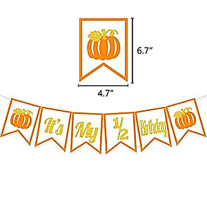 DOMOO OF DREAMS Pumpkin It's My 1/2 Birthday Banner Half Birthday Cake Topper 6 Months Photo Prop Halloween Fall Balloons Party Supplies Gold And Orange