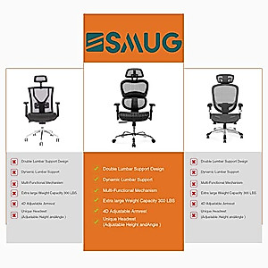 SMUG Ergonomic Large High Back Office Ergo3D Rolling Desk 4D Armrest,3D Lumbar Support,Adjustable Headrest,Breathable Mesh Computer Gaming Executive Swivel Chairs, Black