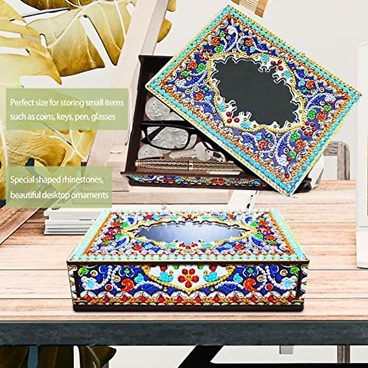 Diamond Art Wooden Box with Mirror Kit 5D DIY Mandala Diamond Painting Decorative Boxes Small Retro Remote Storage Box Jewelry Trinket Stash Gem Mosaic Arts Crafts for Women Dresser Desktop Decor