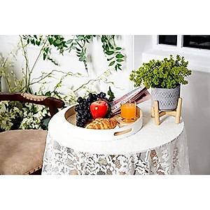 Bamboo Serving Tray with Handles Set of 2, Round Shallow Bamboo Tray, Natural Bamboo Wood Decorative Rustic Trays for Coffee Table, Tea, Food, Cocktail, Drink, Ottoman, Breakfast Party (Matte White)