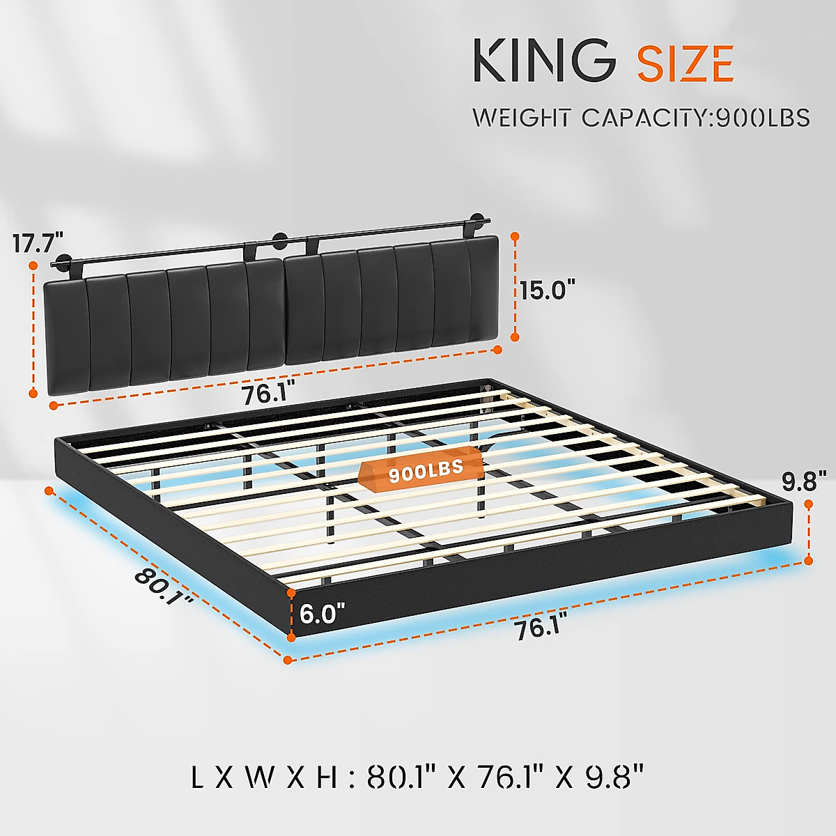 Hasuit Floating Bed Frame King Size with LED Light, Modern King Platform Bed with Vegan Leather Upholstered Headboard, No Box Spring Needed, Noise Free, Easy Assembly
