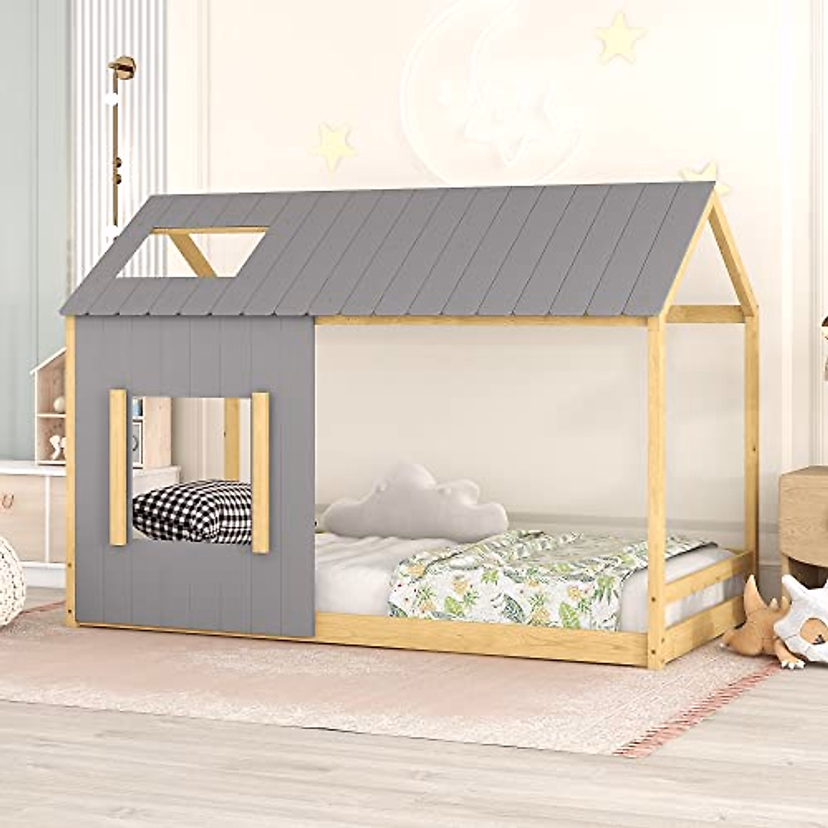 Livavege Twin Size Wooden House Bed with Roof and Window, Montessori Floor Twin Platform Bed Frame for Boys and Girls, Fun Playhouse Style w/Wooden Slats Support, No Box Spring Needed