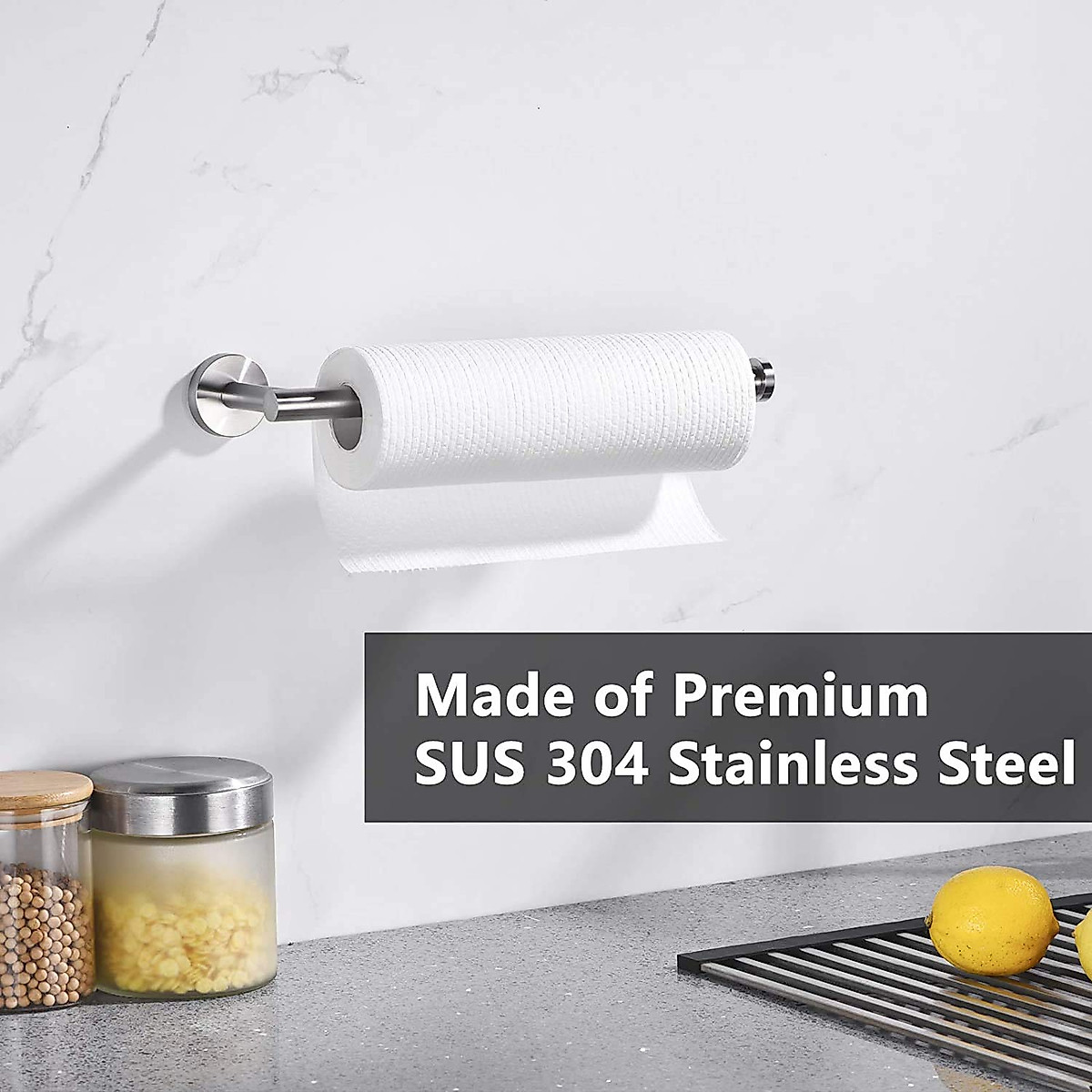 Brushed Nickel Paper Towel Holder,Under Kitchen Cabinet Towel Paper Rack,Wall Mounted Round SUS304 Stainless Steel Dispenser for Bathroom Kitchen Tissue Towel Roll,11 inch