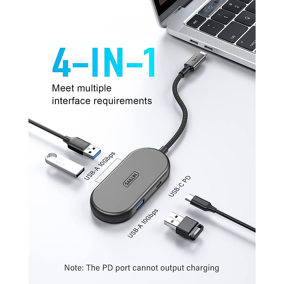 YBW 10Gbps USB C Hub, SAILLIN USB-C Hub with 3 USB 3.1/3.2 Gen 2 Ports and USB C 100W PD Charging Port, Super-Speed Thunderbolt/USB C to USB A Adapter Compatible with MacBook Pro/Air, XPS, and More