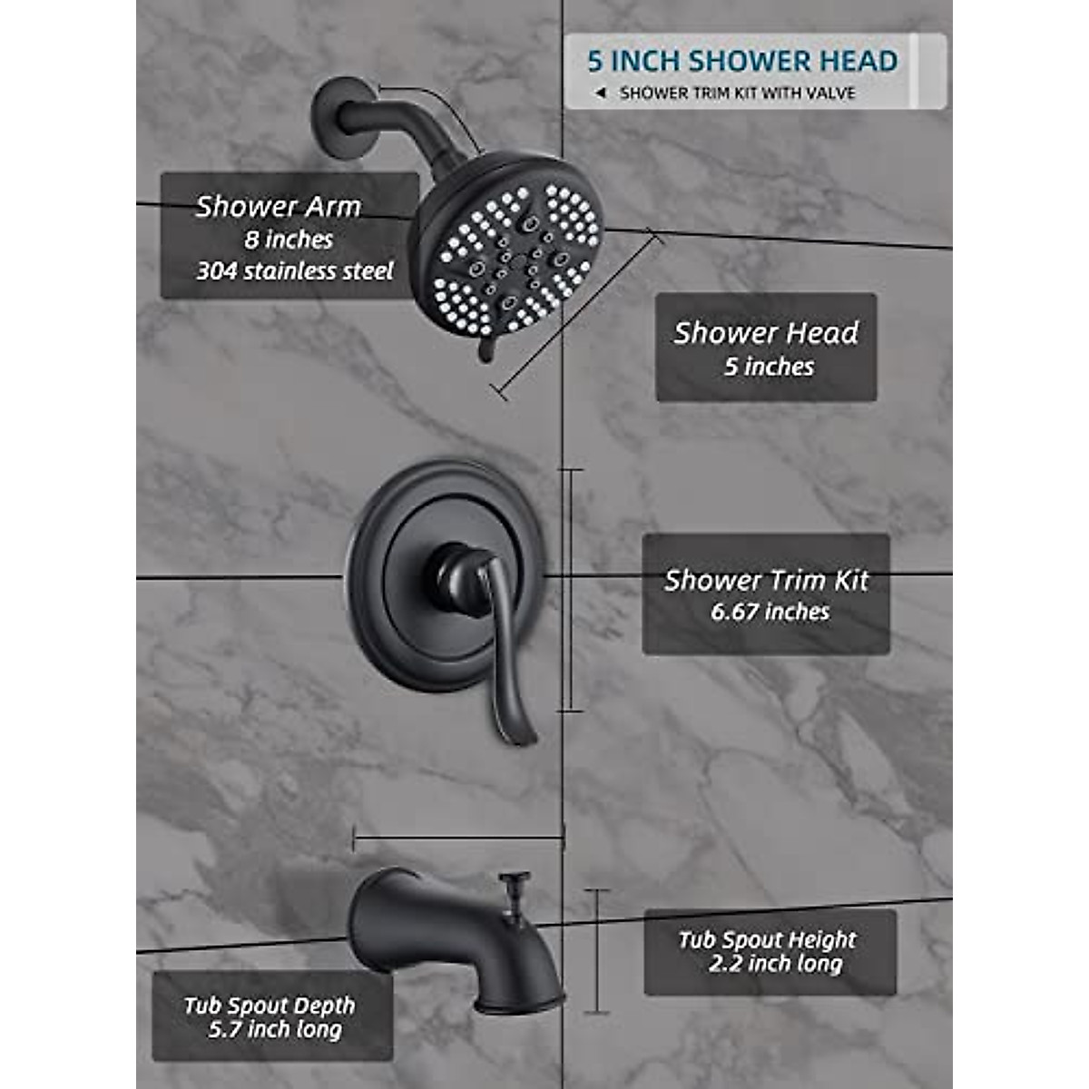 Shower System with Tub Spout, Bathroom Rain Mixer Shower Combo Set, Single Handle Shower Faucet with Valve Matte Black