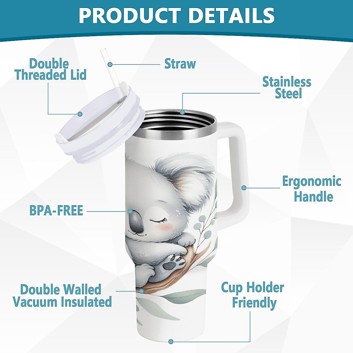 Jihqo Cute Sleeping Koala 40 oz Stainless Steel Vacuum Insulated Tumbler with Handle and Straw Lid, Leakproof Water Bottle Double Wall Travel Mug Coffee Cup, Cupholder Friendly