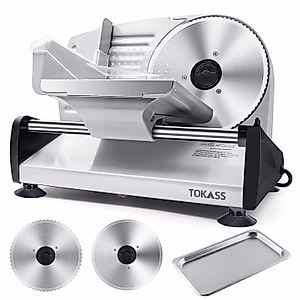 TOKASS Meat Slicer, 200W Electric Slicer For Home Use with 2pcs 7.5'' Stainless Steel Blades, Electric Deli food Slicer, Adjustable Thickness for Meat, Cheese, Bread, Easy Clean (200W-Bright Silver)