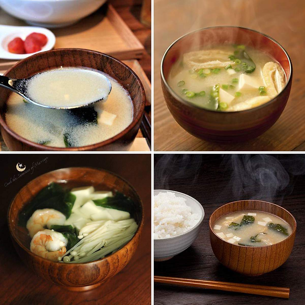 Wood Bowl Japanese Style Solid Wood Bowl Serving Tableware for Rice, Soup, Dip, Coffee, Tea, Decoration 4 Pcs (4 bowls + 4 spoons)