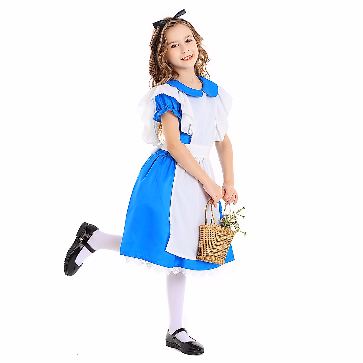 KFVZIU Girls Princess Costume Kids Halloween Costume Peter Pan Collar Blue Dress Princess Cosplay with White Apron Socks Hairband KF004XS