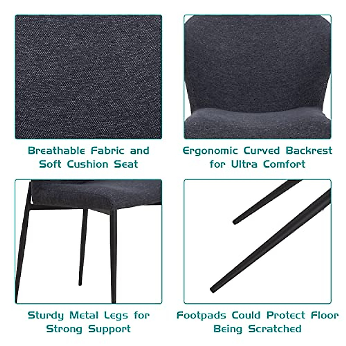 kevinplus Dining Chair Set of 2, Modern Kitchen Side Chair Accent Chair with Metal Legs, Fabric Upholstered Dining Room Living Room Dinner Kitchen Chair, Curved Backrest, Dark Grey