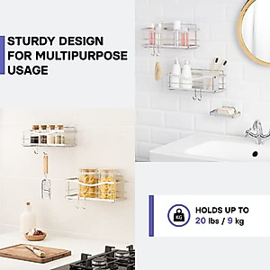 KINCMAX Shower Caddy and Soap Holder, Rustproof SUS304 Stainless Steel, Adhesive Wall Mount Double Baskets 3-pack with Hooks (Polished Silver)