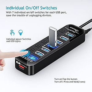 Apanage Powered USB 3.0 Hub, 8 Port USB 3.0 Hub Splitter with 7 Data Ports and 1 Smart Charging Port with Individual On/Off and 5V/4A Power Adapter USB Extension for MacBook, Mac Pro…