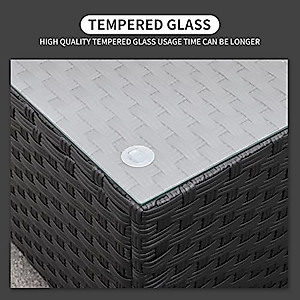 Rattaner Patio Furniture Wicker Coffee Table Outdoor Garden Square Side Table with Tempered Glass Top Black
