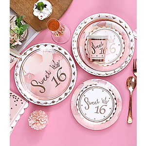 Rose Gold Sweet 16 Birthday Decorations for Girls - Serves 16 - Includes Sweet 16th Plates and Napkins Party Supplies Cups Cutlery for Sweet Sixteen Party