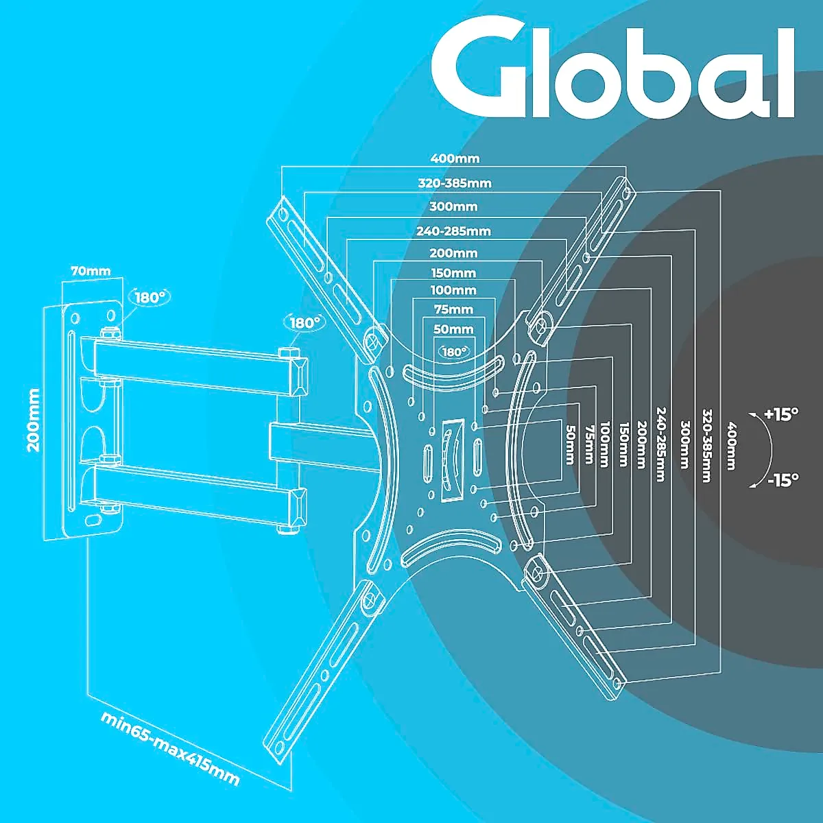 Global Electronics Tv Stand, Rotating Tv Mount, Articulating TV Mount with Long Arm, Tv Stands for Living Room Easy Installation fits 14 to 55 Inch Flat and Curved TVs VESA Mount 400x400mm