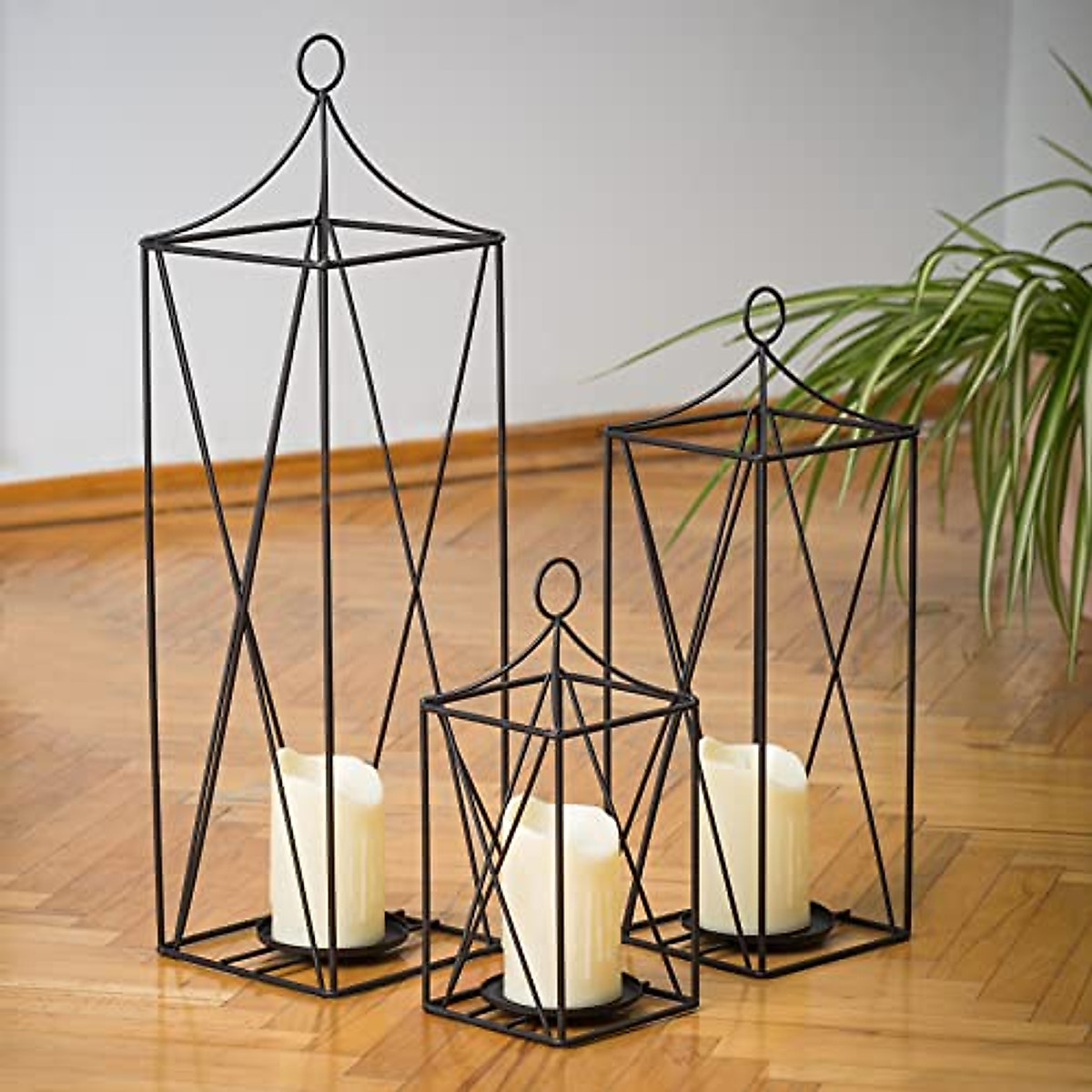 Set of 3 Tall Metal Lanterns 24’’ & 19’’ & 13’’ Elegant Decorative Lantern with Pillar Candle Holder, Garden Porch Night Indoor/Outdoor for Wedding Décor, Party, Christmas (Black)