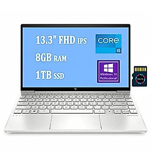 HP Premium Envy 13 Laptop | 13.3inch FHD IPS 100% sRGB Display 11th Gen Intel 4-Core i5-1135G7 (> i7-1065G7) 8GB DDR4 1TB SSD Backlit Fingerprint B&O USB-C Win10 Pro Silver + 32GB Micro SD Card
