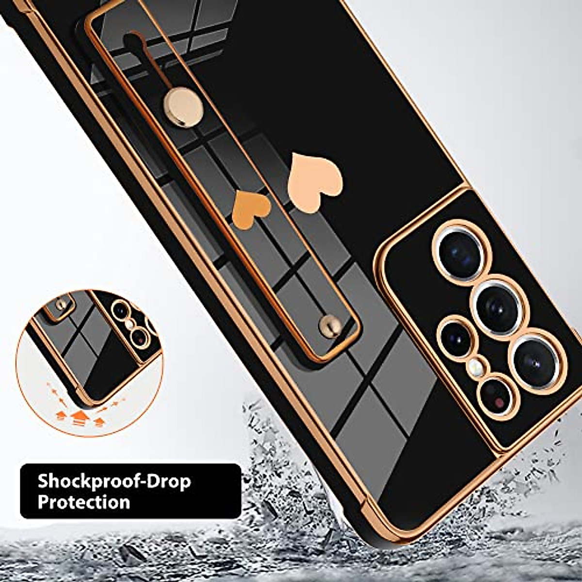 KANGHAR Designed for Samsung Galaxy S21 Ultra Case with Strap Luxury Love Heart Plating Gold Bumper Phone Cover Wristband Kickstand Full Body Protective Slim Case for Women - Black