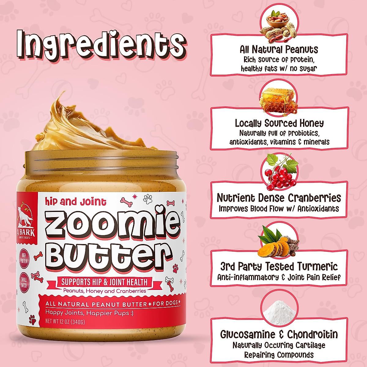 Zoomie Butter Hip & Joint Dog Peanut Butter Spread Supplement, All Natural Dog Treat. Human Grade & Safe Anti Inflammatory Puppy Food, Peanuts & Turmeric for Pain, Stiffness, Grown & Made in USA