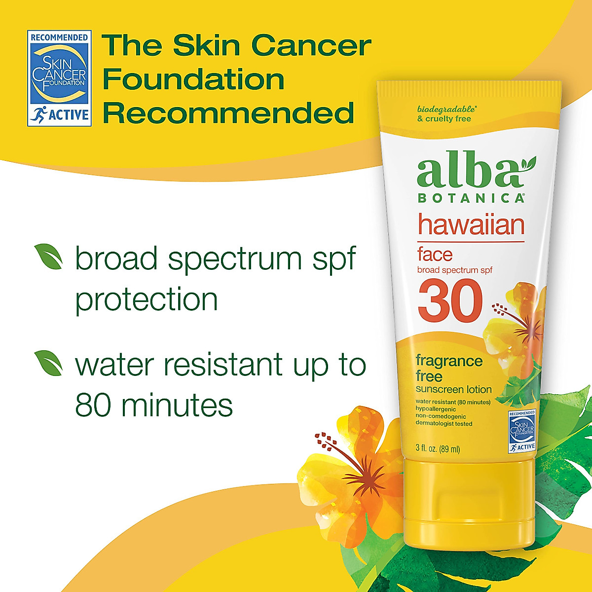 Alba Botanica Sunscreen for Face, Fragrance-Free Hawaiian Face Sunscreen Lotion, Broad Spectrum SPF 30, Water Resistant and Biodegradable, 3 fl. oz. Bottle
