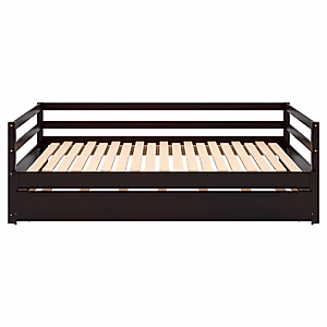 Merax Modern Wood Daybed with Pop Up Trundle Twin to King Triple Sofa Bed Frame for Kids Teens Adults/No Box Spring Needed Espresso