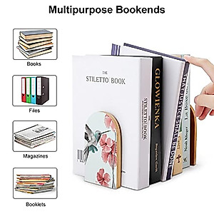 Wooden Book Ends 2 Pieces,Hummingbird with Hibiscus Decorative Bookshelf Sturdy Book Holders for Home Office School Book Organizers 5x3.1x3.9 inches