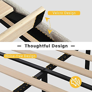 Twin Bed Frame with Fully Piece Headboard, Linen Upholstered Platform Bed with Wooden Slats, No Box Spring Needed, Easy Assembly, Beige