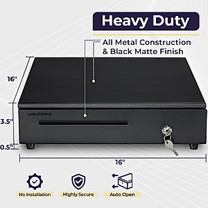 Cash Register Drawer for Point of Sale (POS) System, 5 Bill/7 Coin, 16" with Adjustable Coin Slots, 24V, RJ11/RJ12 Key-Lock, Media Slot, Black