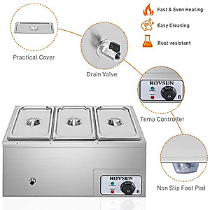 ROVSUN 21QT 3-Pan Electric Commercial Food Warmer, 110V Stainless Steel Bain Marie Buffet, 6.9 QT/Pan Stove Steam Table with Temperature Control & Lid for Parties, Catering, Restaurants