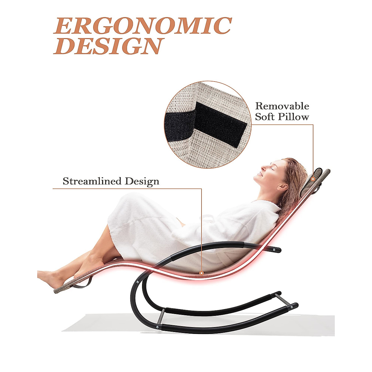 Crestlive Products Patio Rocking Chair Curved Rocker Chaise Lounge Chair with Pillow for Beach Yard Pool Outdoor Indoor, Gray Steel Frame (Beige)