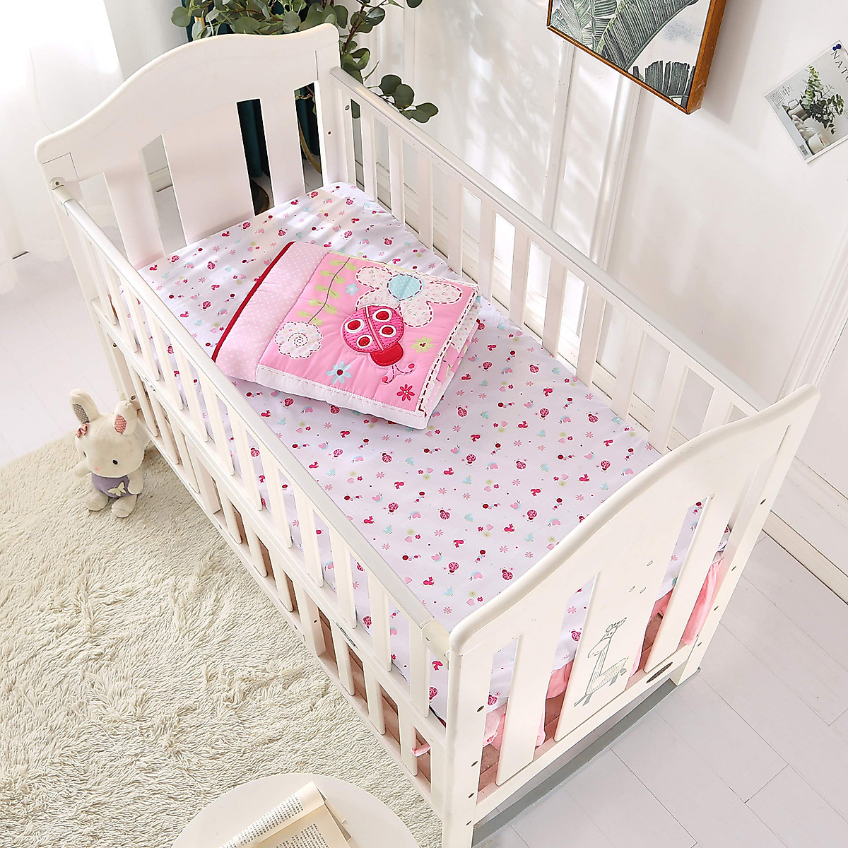 VIVILINEN Pink Ladybird Baby Crib Bedding Set for Girls 3 Pieces Bird Flowers Infant Toddler Nursery Comforter Sets with Crib Quilt Baby Blanket Fitted Sheet Crib Skirt for Standard Size Crib