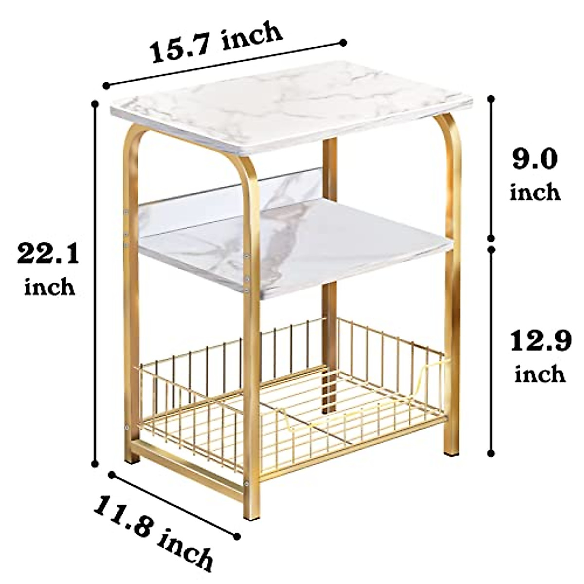 Garden 4 you End Table Side Table 3 Tiers White Marble Nightstand Industrial Retro Storage Shelf for Living Room Bedroom Kitchen Family and Office,Stable Wood and Metal Frame