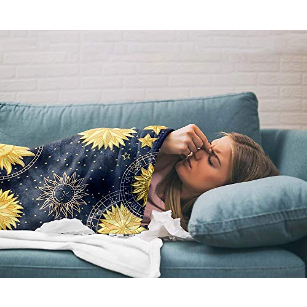 Flannel Fleece Throw Blankets, Boho Chic Golden Sun Moon and Stars Blue Black Sky Antique Style Decorative Blankets, Lightweight Super Soft Luxurious Cozy Blanket for Couch Bed Sofa Chair