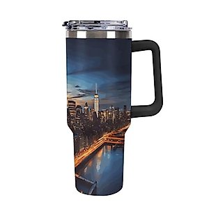 LLUTSNTH 40 Oz Vacuum Tumbler with Black Handle Leakproof Insulated Tumbler New York City Scenery Stainless Steel Travel Mug with Lid And Straw Coffee Cup Cute Water Bottles Cup Holder Friendly