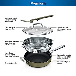 Ninja CW102GN Foodi NeverStick PossiblePan, Premium Set with 4-Quart Capacity Pan, Steamer/Strainer Basket, Glass Lid & Integrated Spatula, Nonstick, Durable & Oven Safe to 500°F, Olive Green