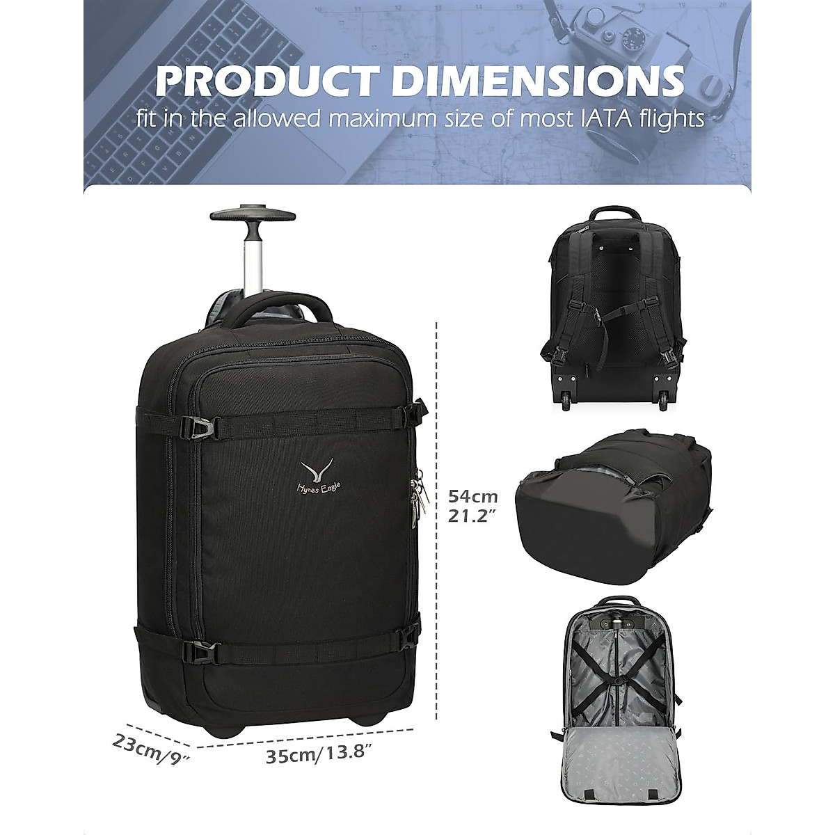 Hynes Eagle 42L Rolling Backpack Wheeled Backpack Flight Approved Travel Backpack Carry on Luggage Black with 3PCS Packing Cubes Set Red Violet