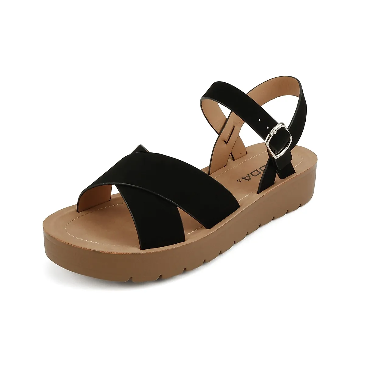 Soda Shoes Women Flat Sandals Flatform Ankle Buckle Criss Cross Band Straps Chester-S Black 7