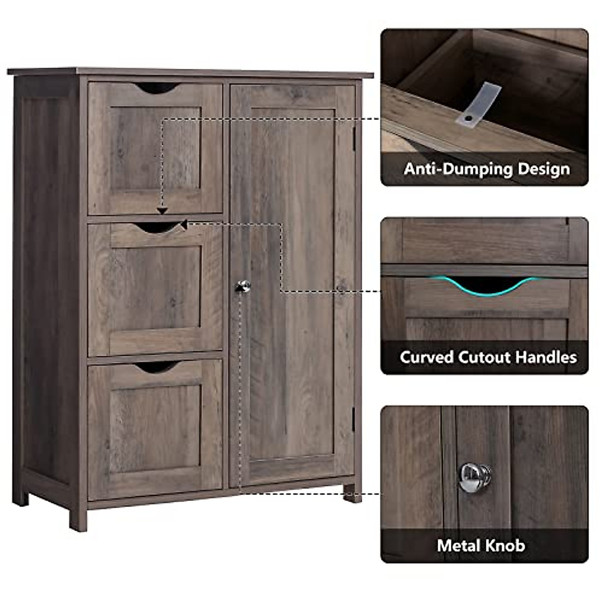 Iwell Floor Storage Cabinet with 1 Door & 3 Large Drawers, Wooden Storage Cabinet with Adjustable Shelf for Living Room, Office, Kitchen, Rustic Oak