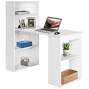 COSTWAY White Computer Desk with Shelves, 48” Study Writing Desk with 6-Tier Storage Shelves, Reversible Study Workstation w/Wide Base for Home, Office & Dorm, Easy Assembly