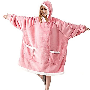 Deconovo Cozy Fuzzy Solid Wearable Blanket for Adult Children Friends Parents, All Season Sherpa Blanket Hoodies, Pink, Standard